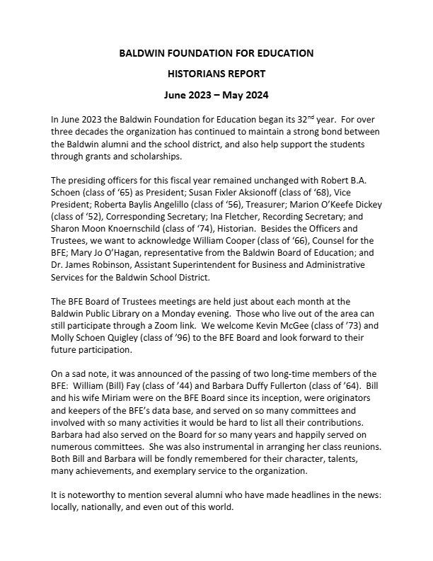 BFE Historian Report 2024 – Baldwin Foundation for Education