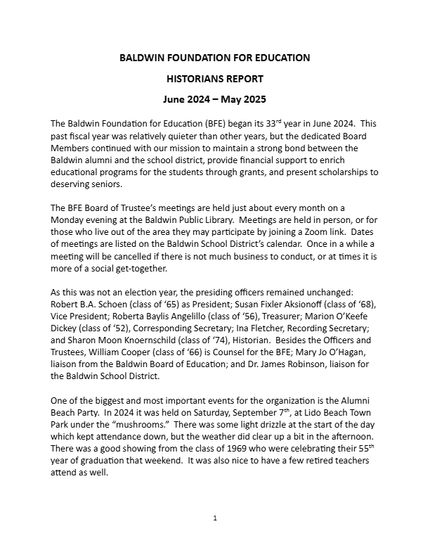 BFE Historian Report 2025 – Baldwin Foundation for Education